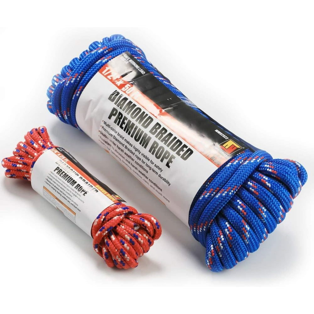 Wellmax Diamond Braid Nylon Rope, 1/2in X 50FT with Bonus 1/4in x 25FT ...