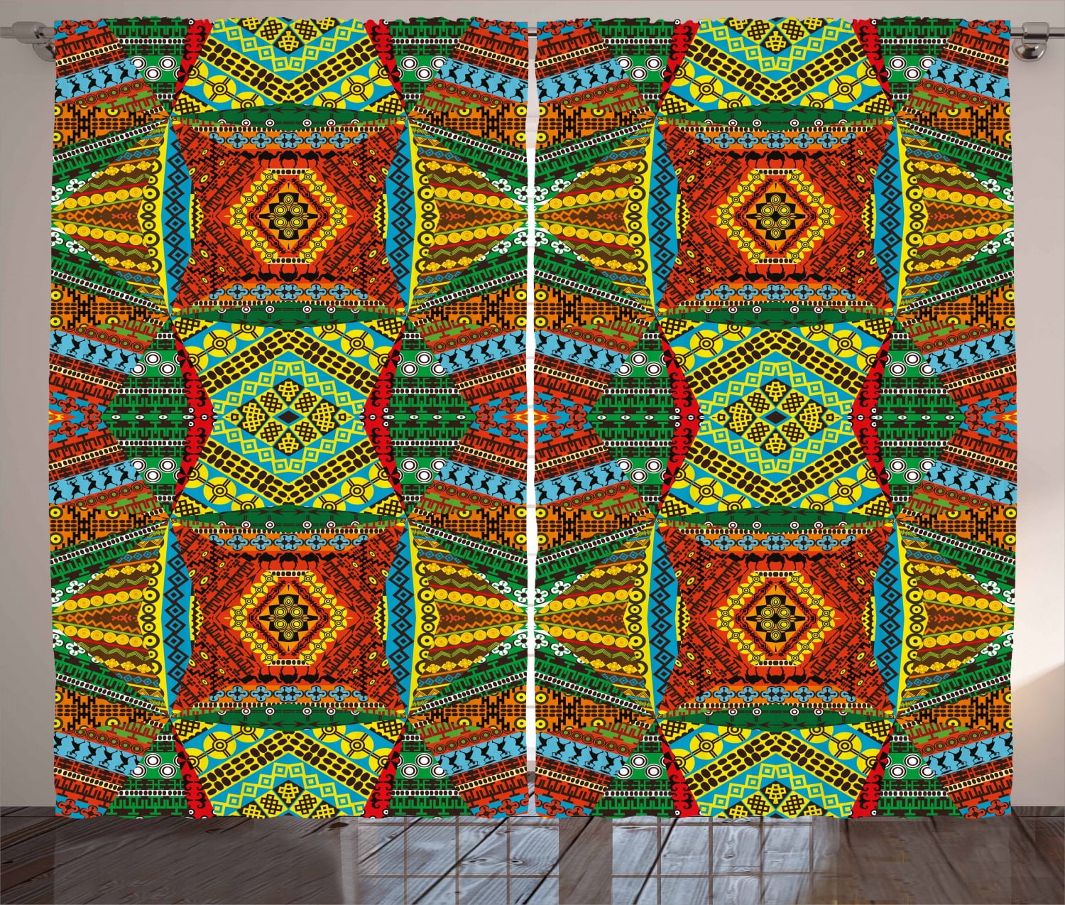 African Curtains 2 Panels Set, Collage of Ethnic Native Motifs Ancient ...