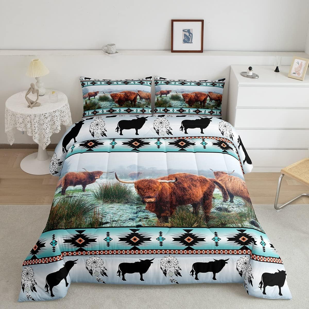 Highland Cow Comforter Set Ethnic Tribe Arrow Longhorn Bull Cattle ...
