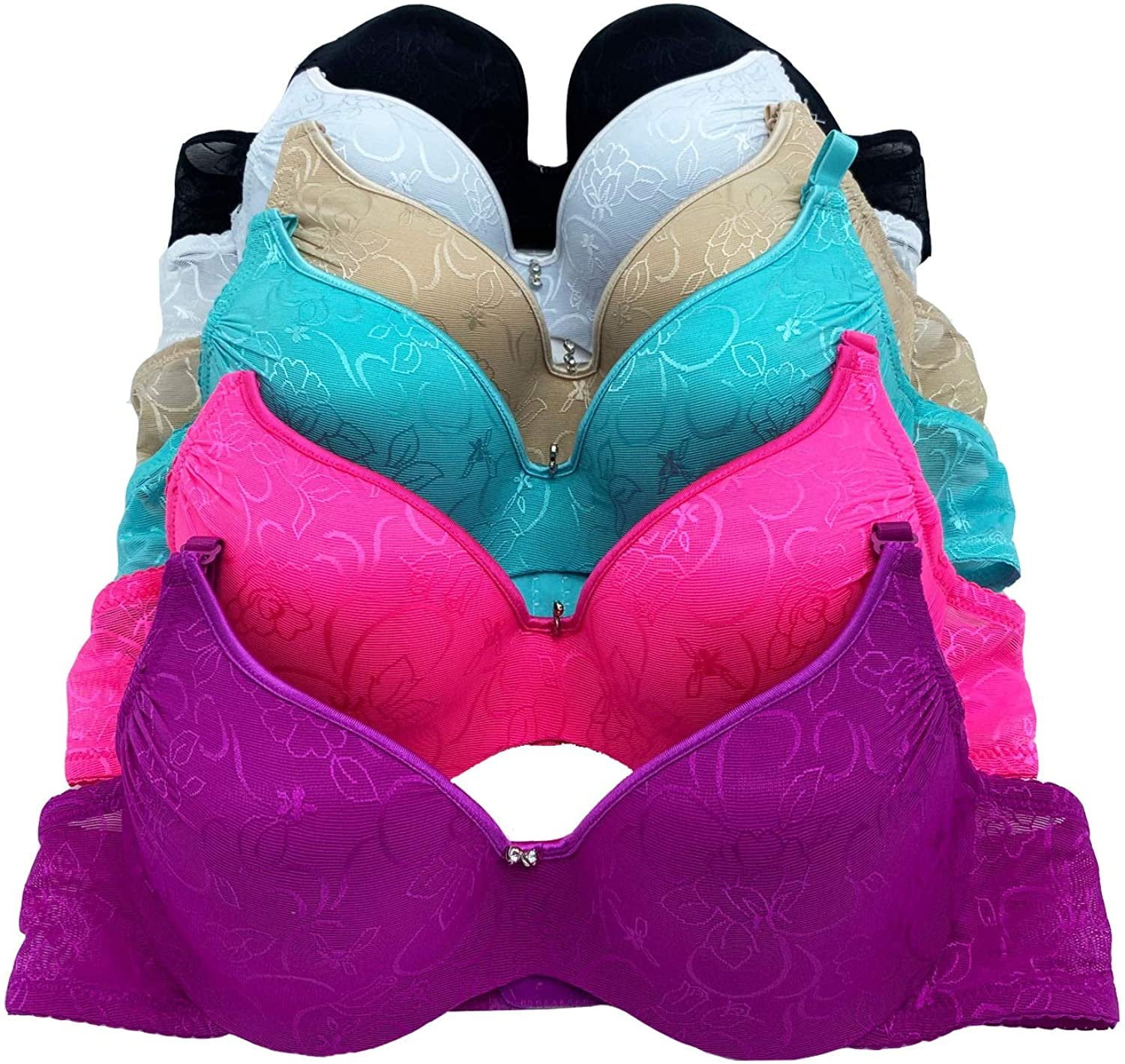 6 pcs Women's Wired Basic Regular Padding Everyday Bras B/C Cup (36C ...