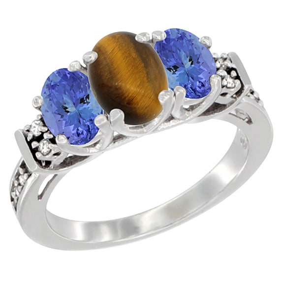 10K White Gold Natural Tiger Eye & Tanzanite Ring 3-Stone Oval Diamond ...