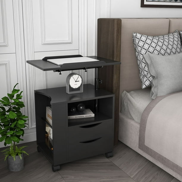 Multifunctional Bedside Table with Swivel Top and Wheels, Height ...