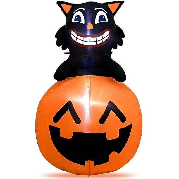 4 Foot Halloween Inflatable Witch's Black Cats Sitting On Pumpkin with ...