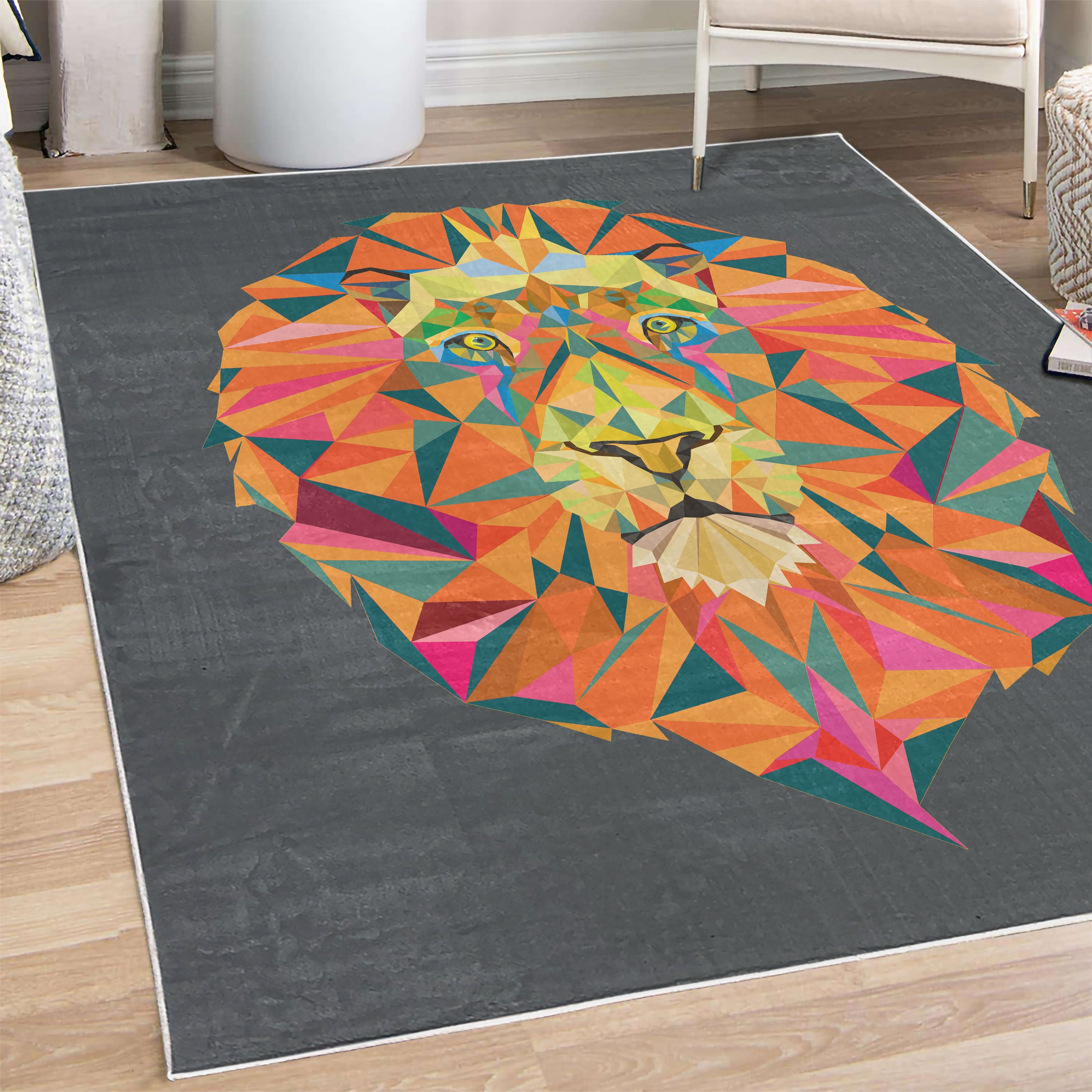 Zoo Decorative Rug, Colorful Animals Geometric Diamond Face Lions Mane ...