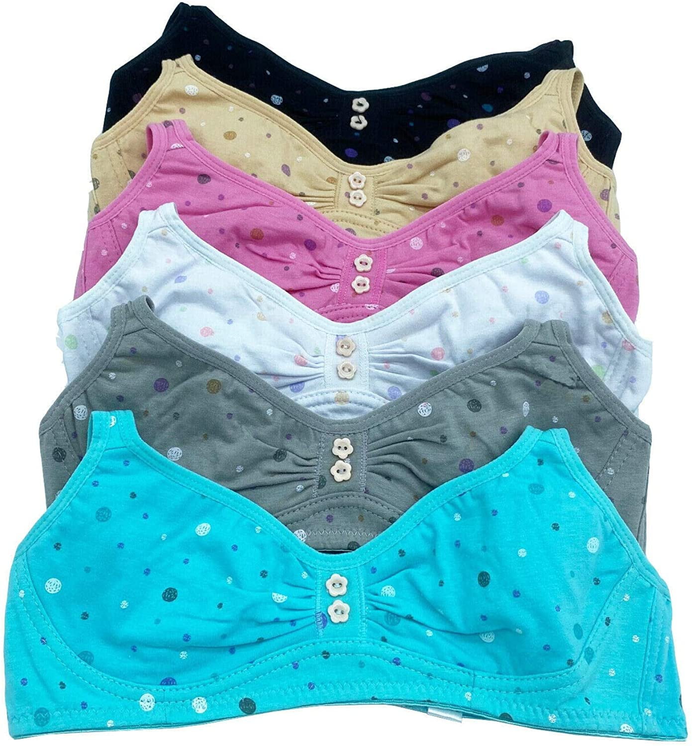 Pink Lover 6 Packs Teenager Girl's Cotton Wire Free Junior Training Bra ...