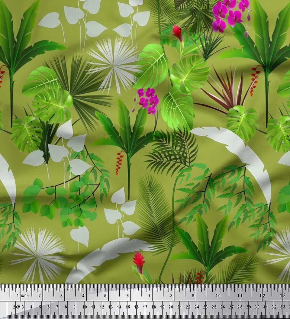 Soimoi Rayon Crepe Fabric Orchid,Palm & Monstera Tropical Print Fabric ...