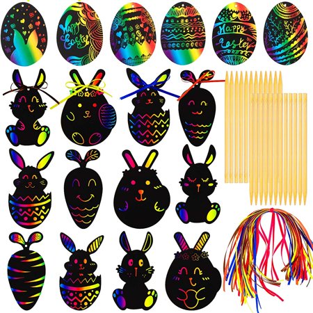 50PCS Easter Scratch Crafts Black Rainbow Scratch Drawing 5Styles Bunny ...