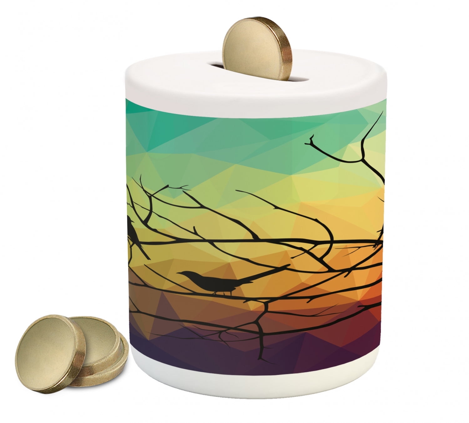 Modern Piggy Bank, Birds on Branch with Geometrical Abstract Rainbow ...