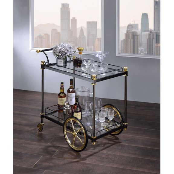 Metal Framed Serving Cart with Glass Shelves and Side Handle, Black and ...