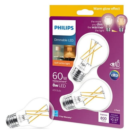 Philips 3000806 8 watt 800 Lumen A19 A-Line LED Bulb - Soft White, Pack ...