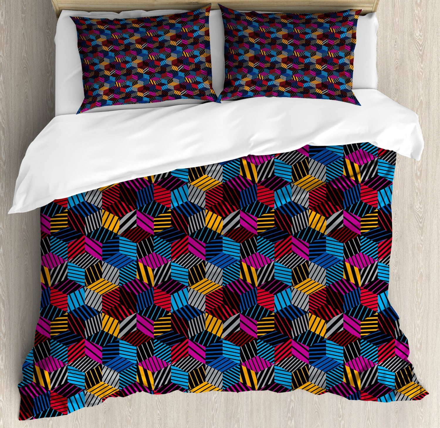 Geometric Duvet Cover Set King Size, Stripped Three Dimensional Cube ...