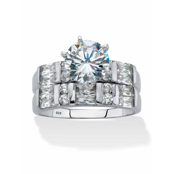 Round And Emerald Cut Cubic Zirconia 2 Piece Bridal Ring Set 3 46 Tcw