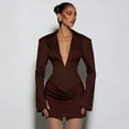 Brown Solid Color Jacket Dress Deep V-Neck Ruched Waist Slim Fit Formal ...