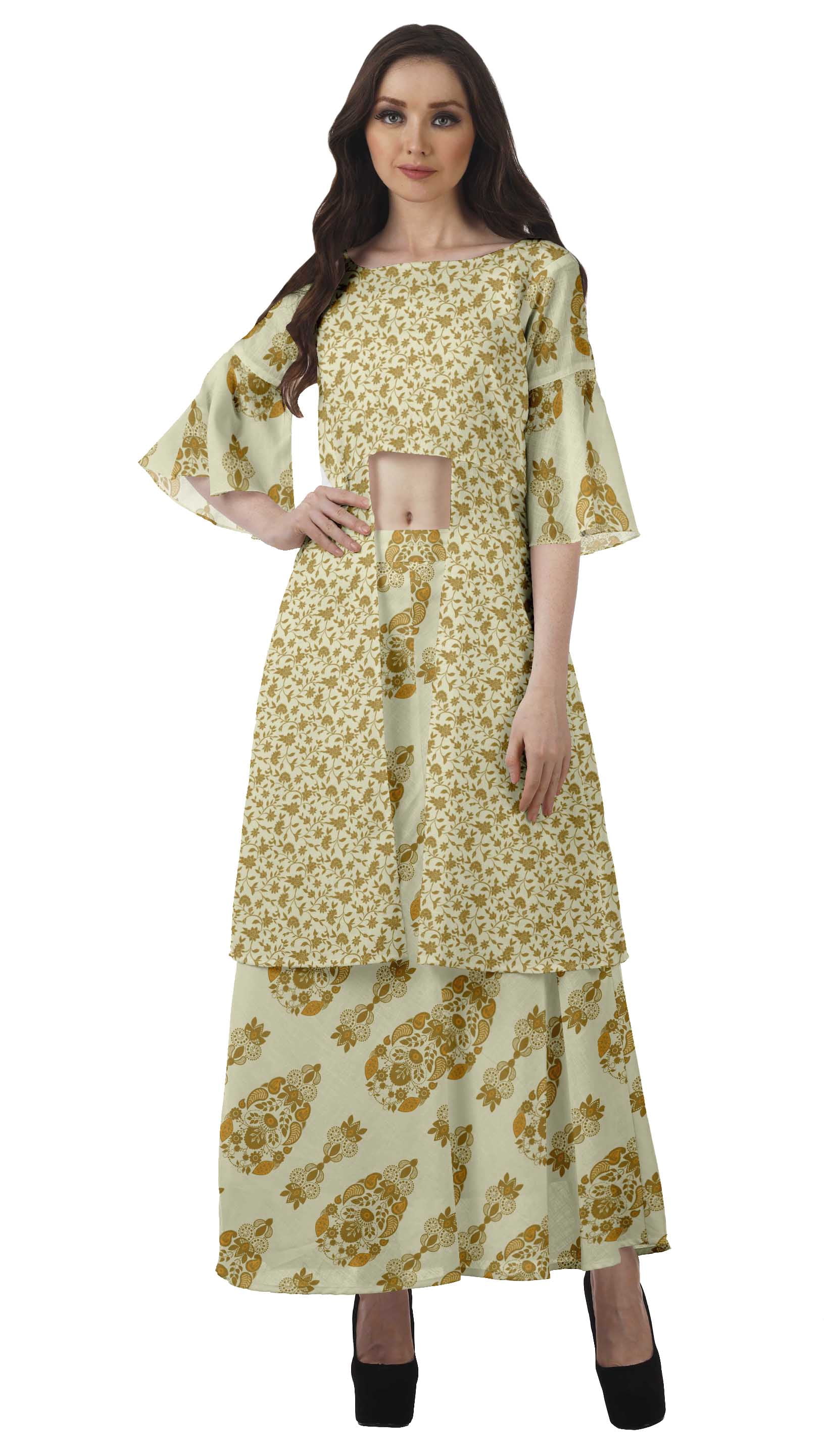 Moomaya Printed High Low Crop Top Kurti Palazzo Set Ethnic Indian ...