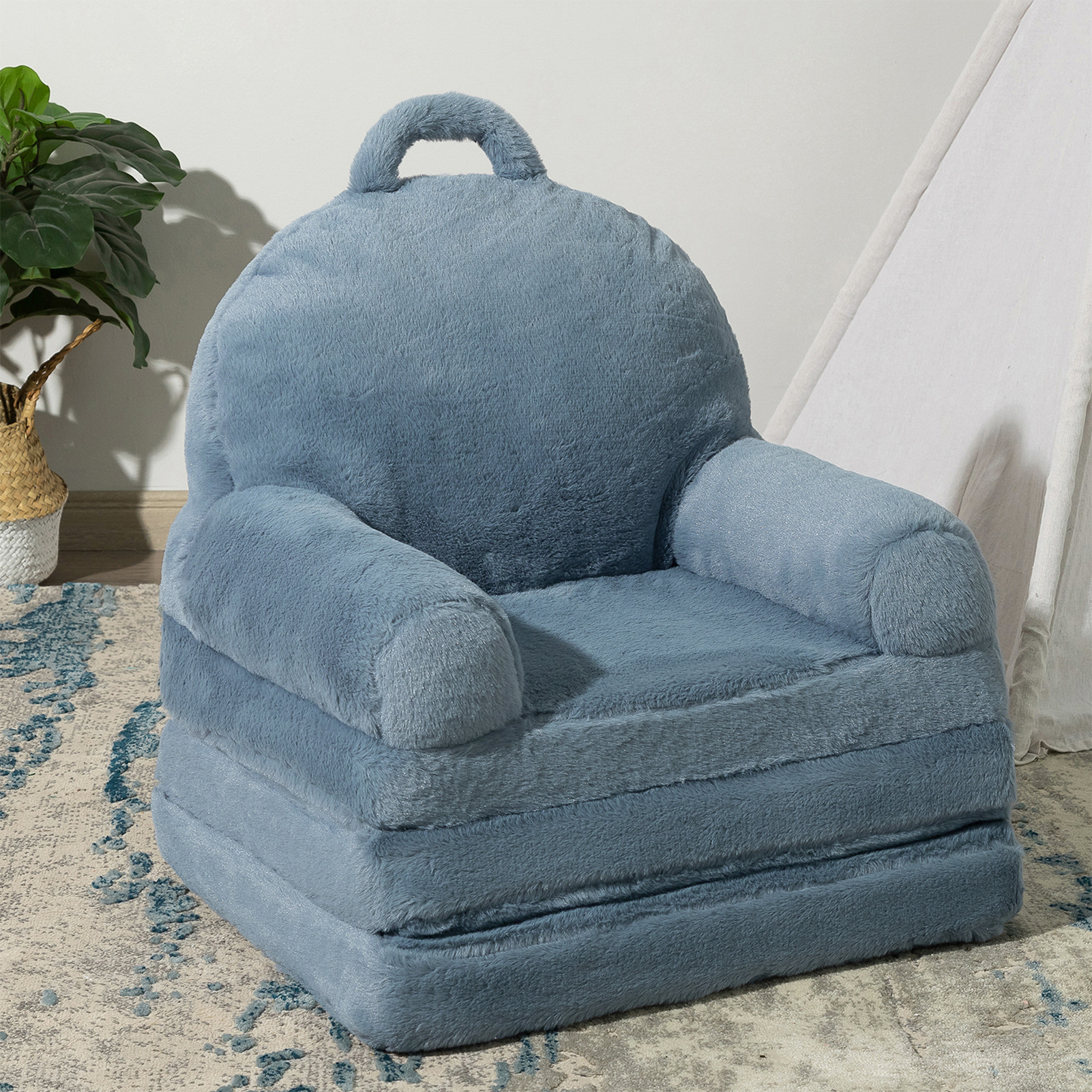 2 in 1 Convertible Plush Kids Sofa Flip Open Sofa Seat with Pockets for ...