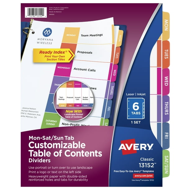 Avery Table of Contents Dividers, 6 Preprinted Mon-Sat/Sun Multicolor ...
