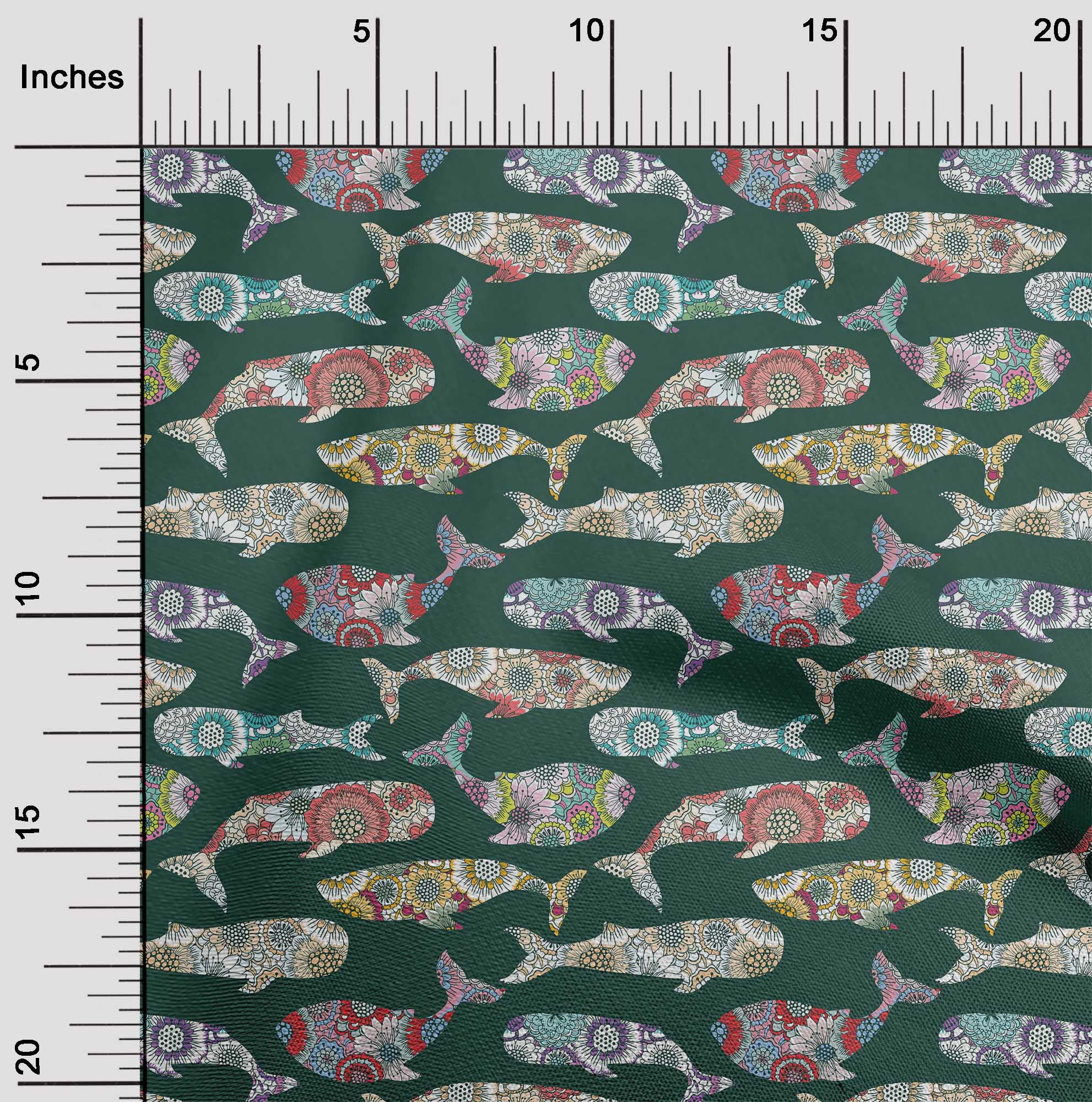 oneOone Cotton Jersey Teal Green Fabric Fish & Floral Artistic Quilting ...
