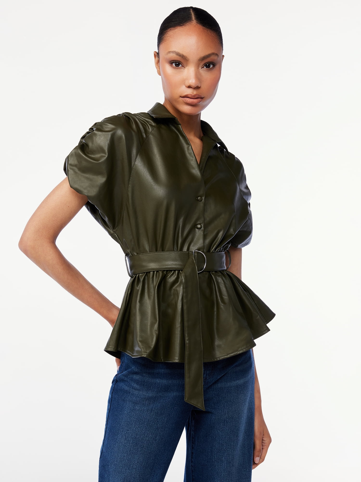 Scoop Women's Faux Leather Belted Peplum Top - Walmart.com