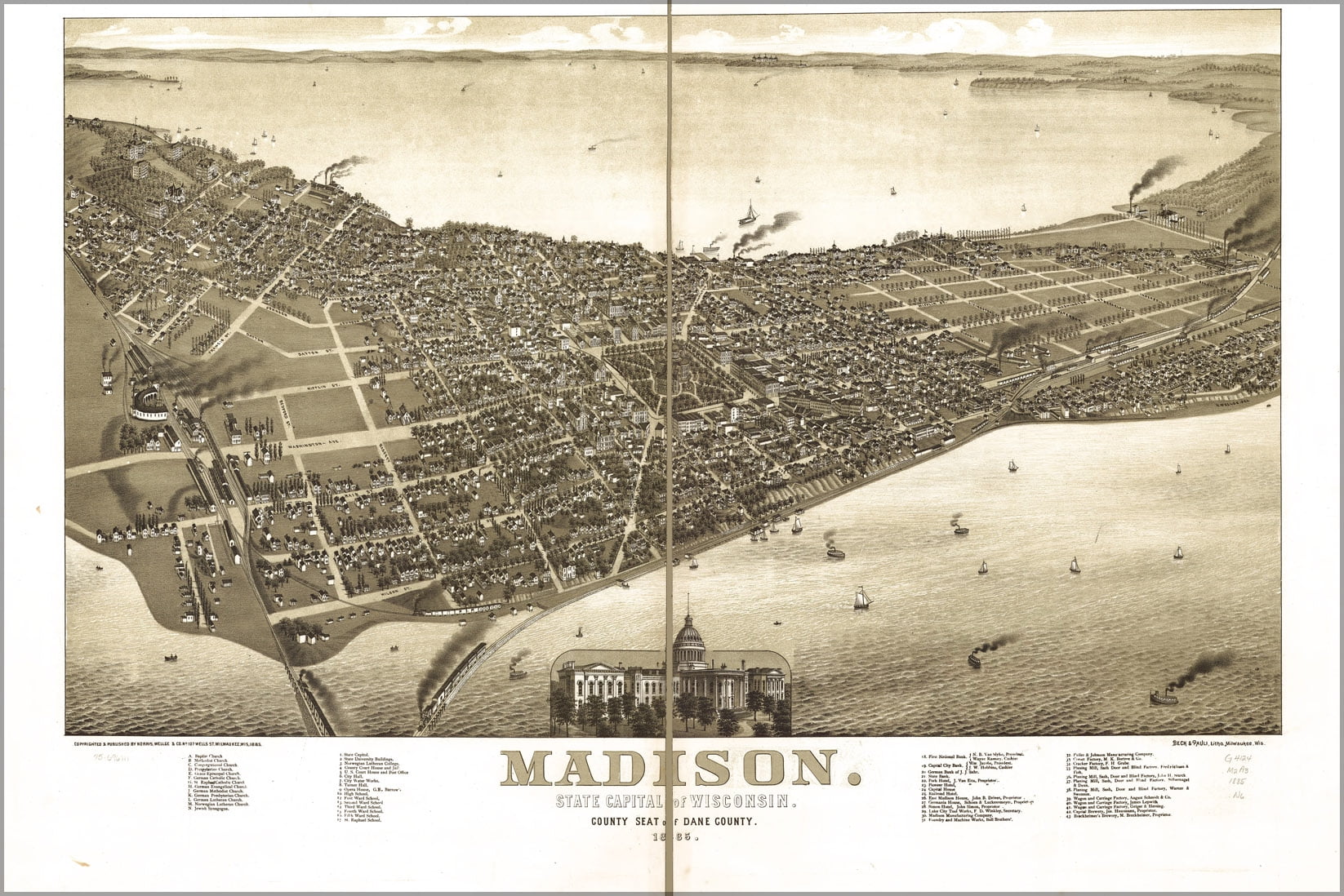 24"x36" Gallery Poster, map of Madison, Wisconsin 1885 p2 - Walmart.com