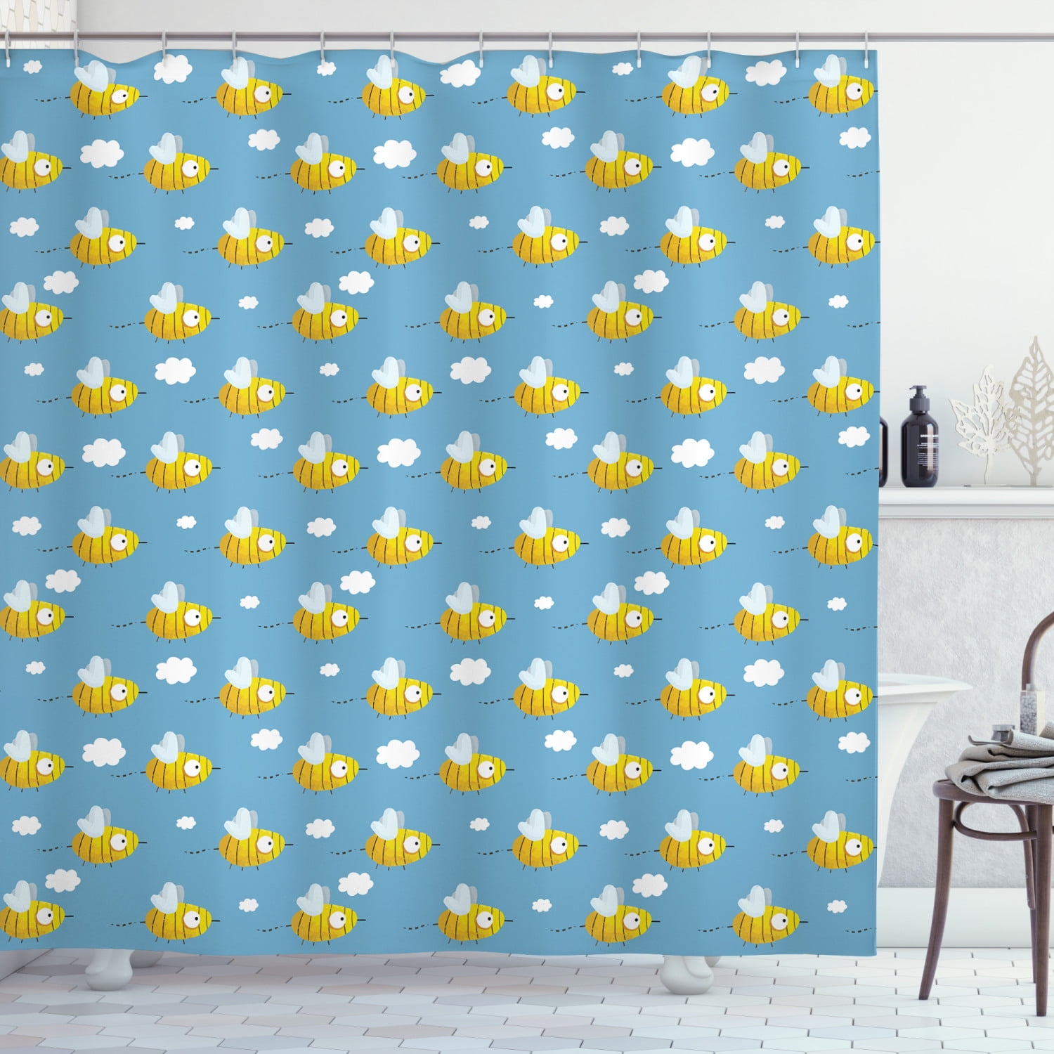 Bee Shower Curtain, Cute Hand-Drawn Bees with Wings and Enourmous Eyes ...