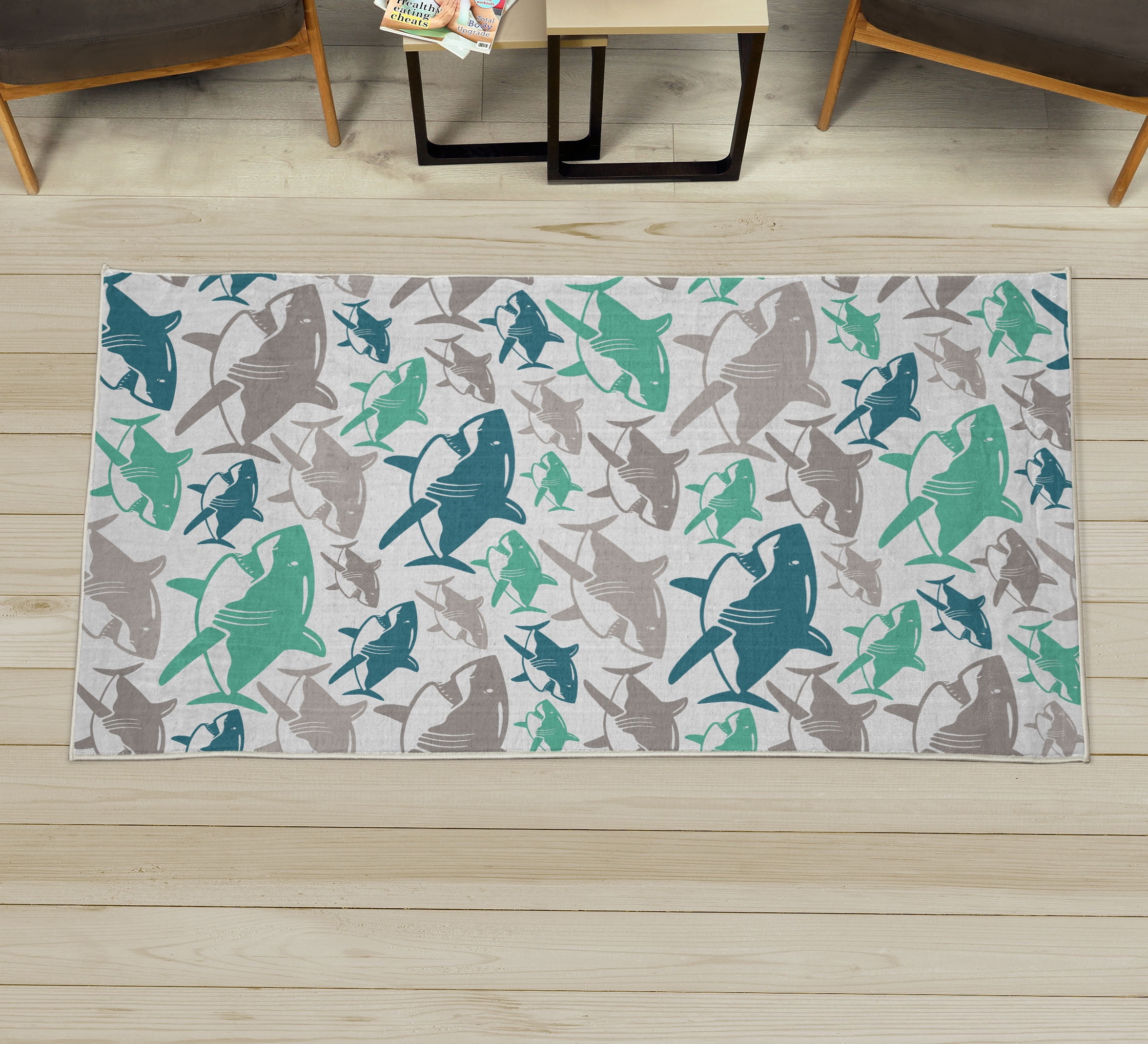 Shark Decorative Rug, Colorful Underwater Fish Pattern Masters Survival ...