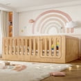 Full Size Floor Bed with High Fence, Solid Wood Montessori Bed with ...