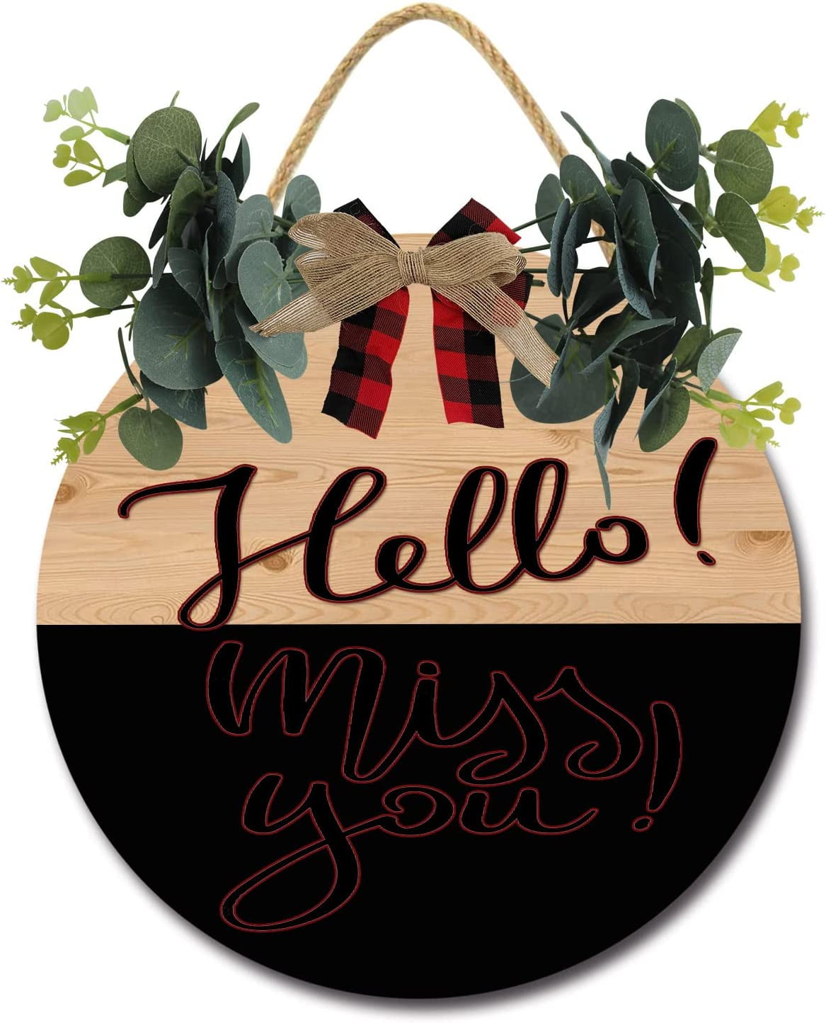 Eveokoki 11" Rustic Sign Hello Miss You Sign Door Decor Wooden Front ...