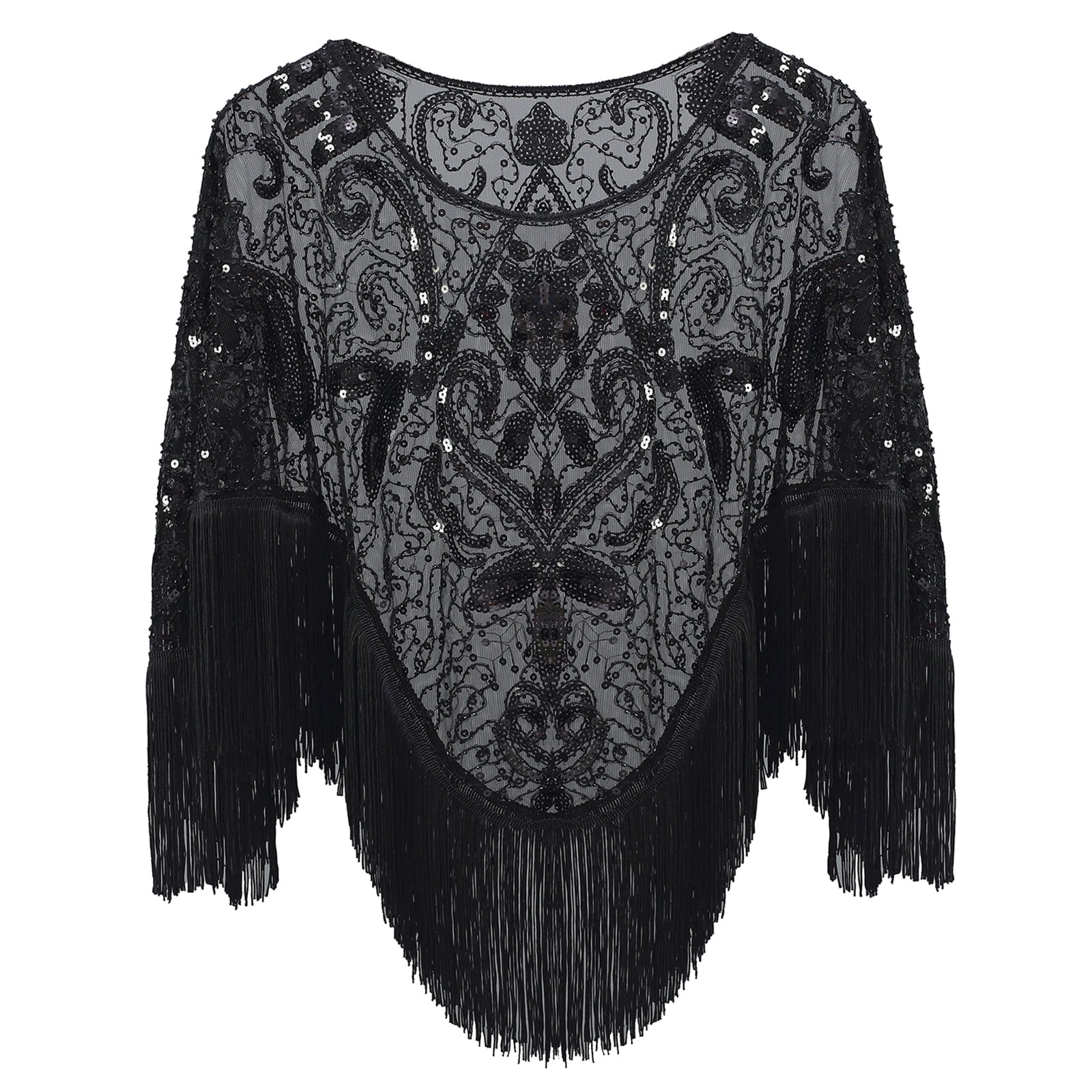 Sheer Shoulder Shrug Sequin Beaded Wrap Scalloped Fringe Trim Shoulder ...