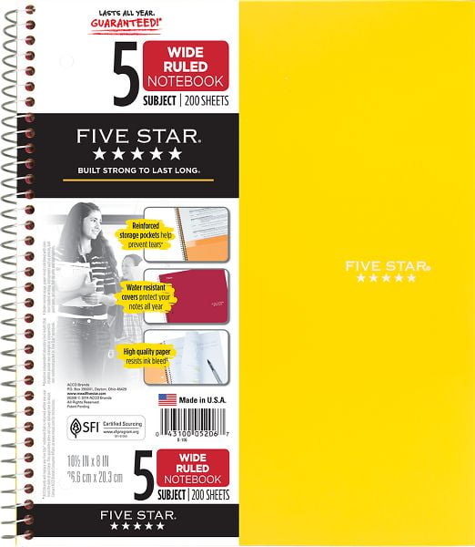 Five Star Spiral Notebook, 5 Subject, Wide Ruled Paper, 200 Sheets, 10 ...