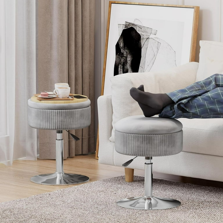 Adjustable Vanity Stool with Storage Modern White Leather Vanity Chair for Makeup Room Bedroom 360 Swivel Makeup Chair Sturdy Rust resistant and