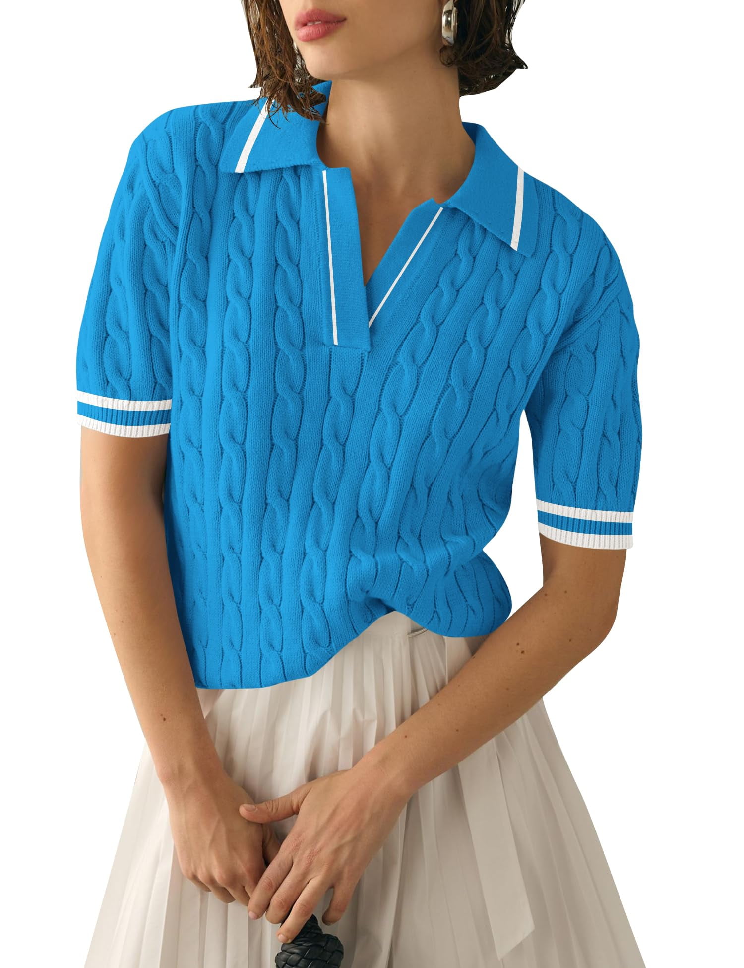 Jersey Micoson para mujer, manga corta, cuello en V, azul y blanco ...