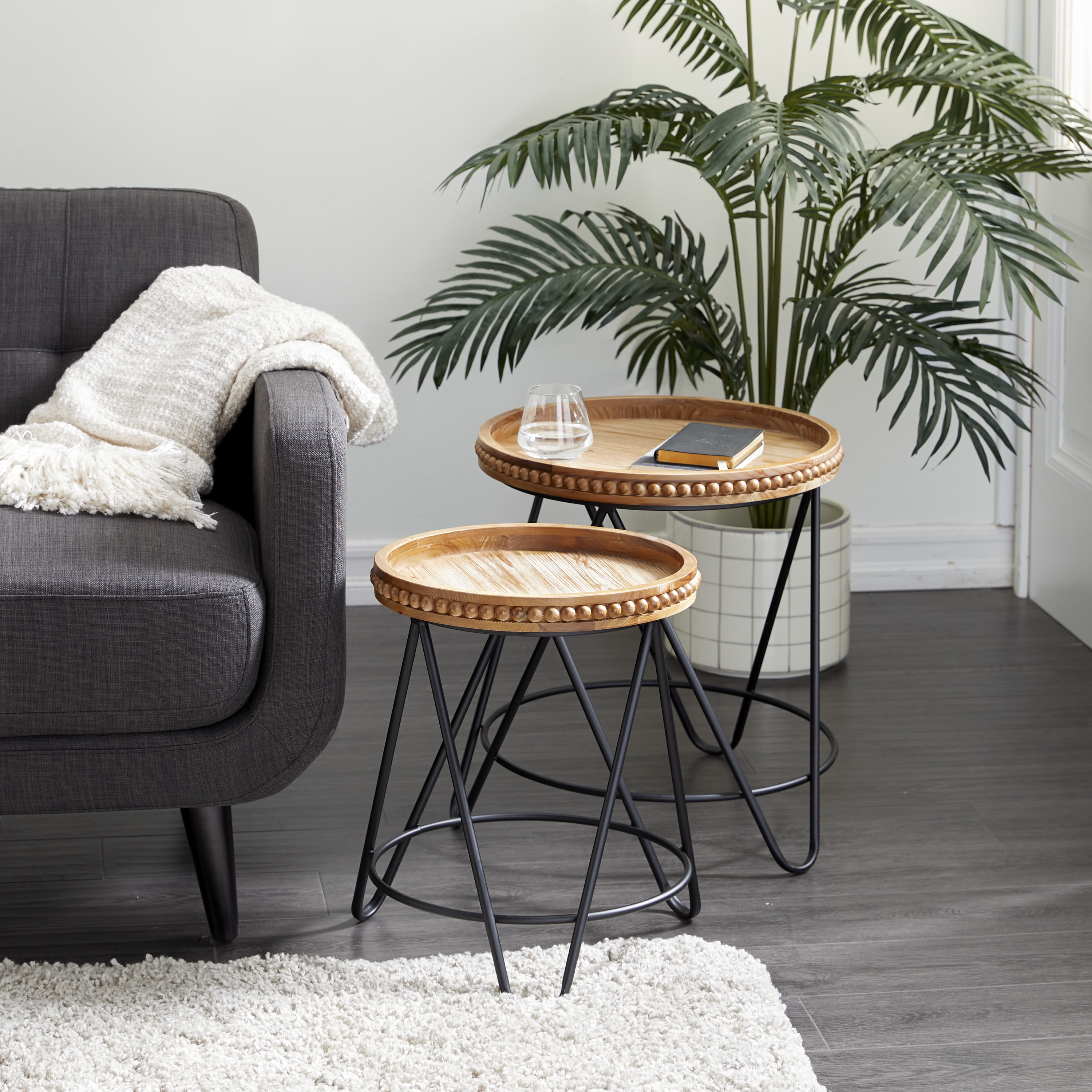 DecMode 17" x 19" Black Metal Beaded Accent Table with Brown Wood Tops ...