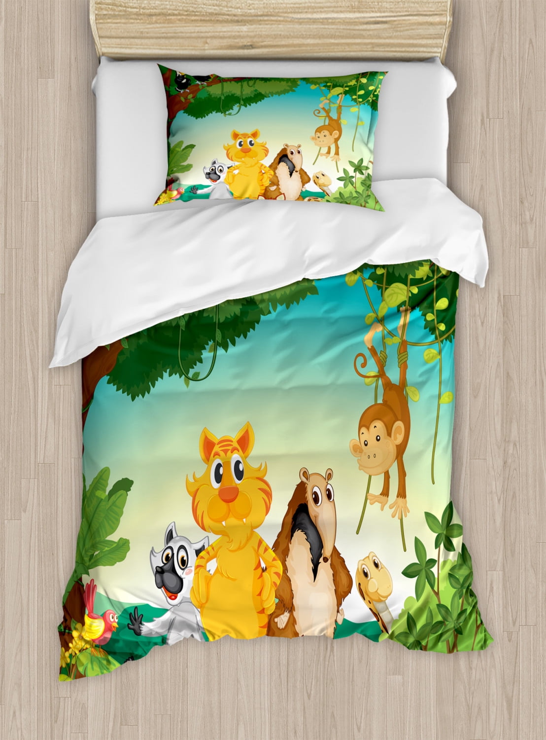 Zoo Duvet Cover Set Twin Size, Forest Scene with Different Animals ...