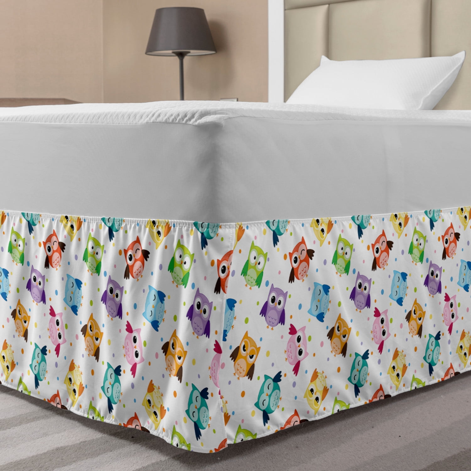 Owls Bed Skirt, Confused Funny Angry Sleeping Colorful Characters Dots ...