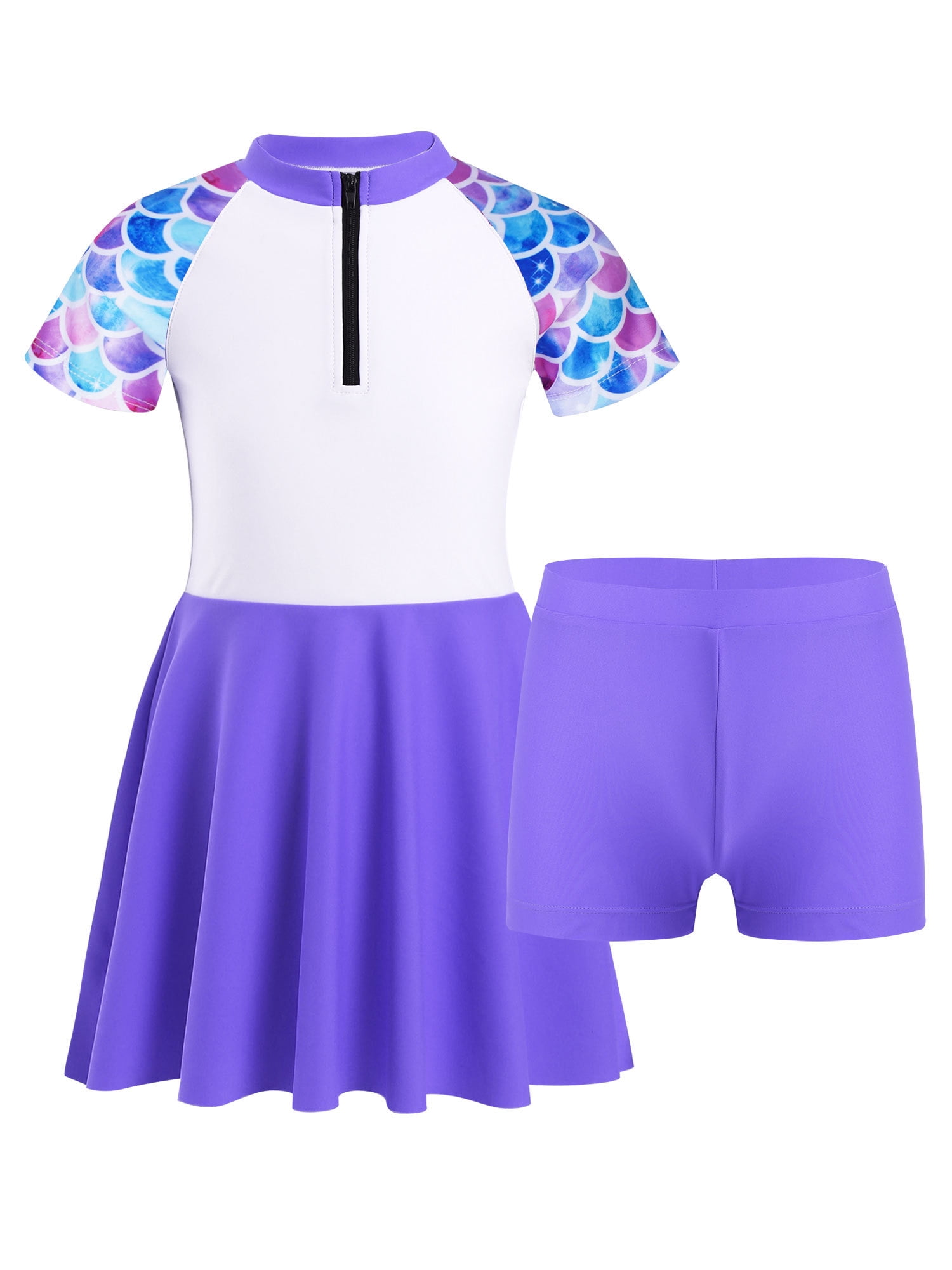 iEFiEL 2Pcs Girls Swimsuit Front Zipper Floral Print Dress with Shorts ...