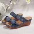 Dark Blue Women Thick Wedge Heel Slippers Open Toe Pu Solid Color ...