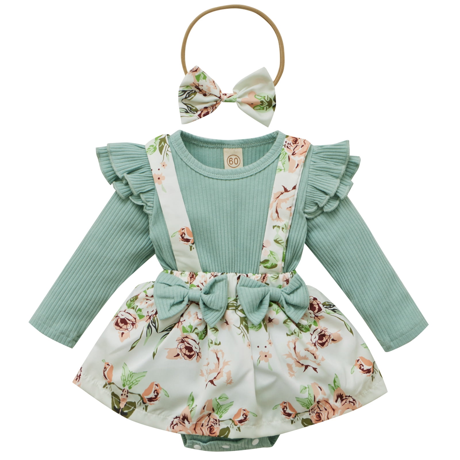 CenturyX Newborn Baby Girl Fall Clothes Infant Romper Floral Suspender Dress Ruffle Sleeve ...