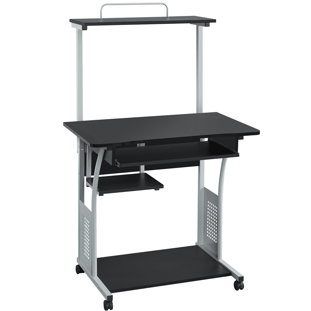 Fullfurnique Rolling 3-Tier Computer Desk With Detachable Top Shelf  Black 31.5L X 20W X 52H
