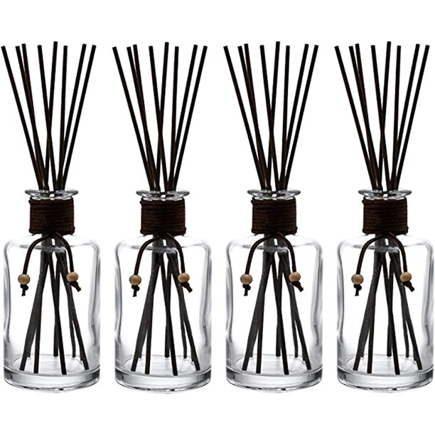 Glass Diffuser Bottles With 32 Brown Fiber Sticks | Set Of 4 | 7.5 ...