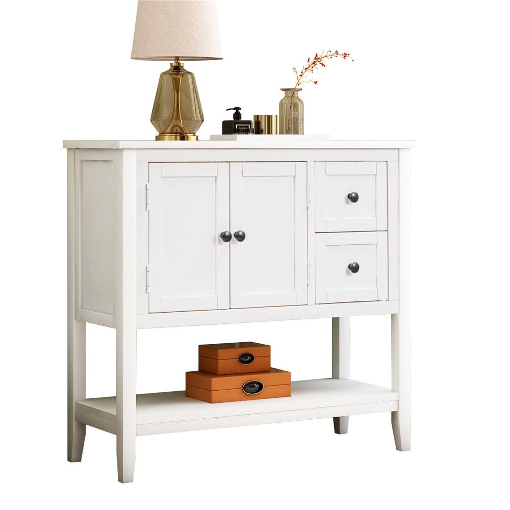 Retro Rustic Console Table Double Door Cabinet 2 Drawers Open Shelf ...