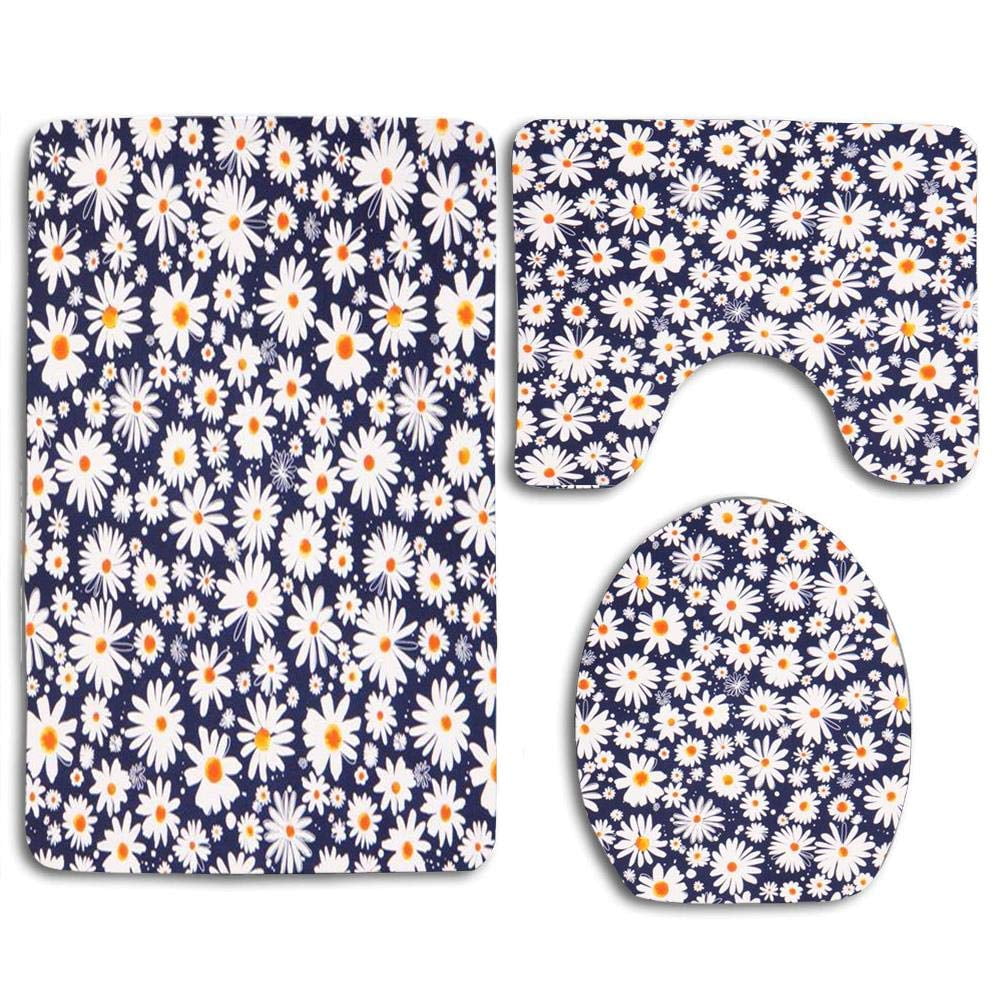 PUDMAD Dark Blue Daisy Flowers 3 Piece Bathroom Rugs Set Bath Rug ...