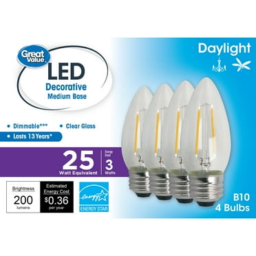 (4 pack) Great Value LED Light Bulb, 4 Watts (40W Equivalent) B10 Deco ...