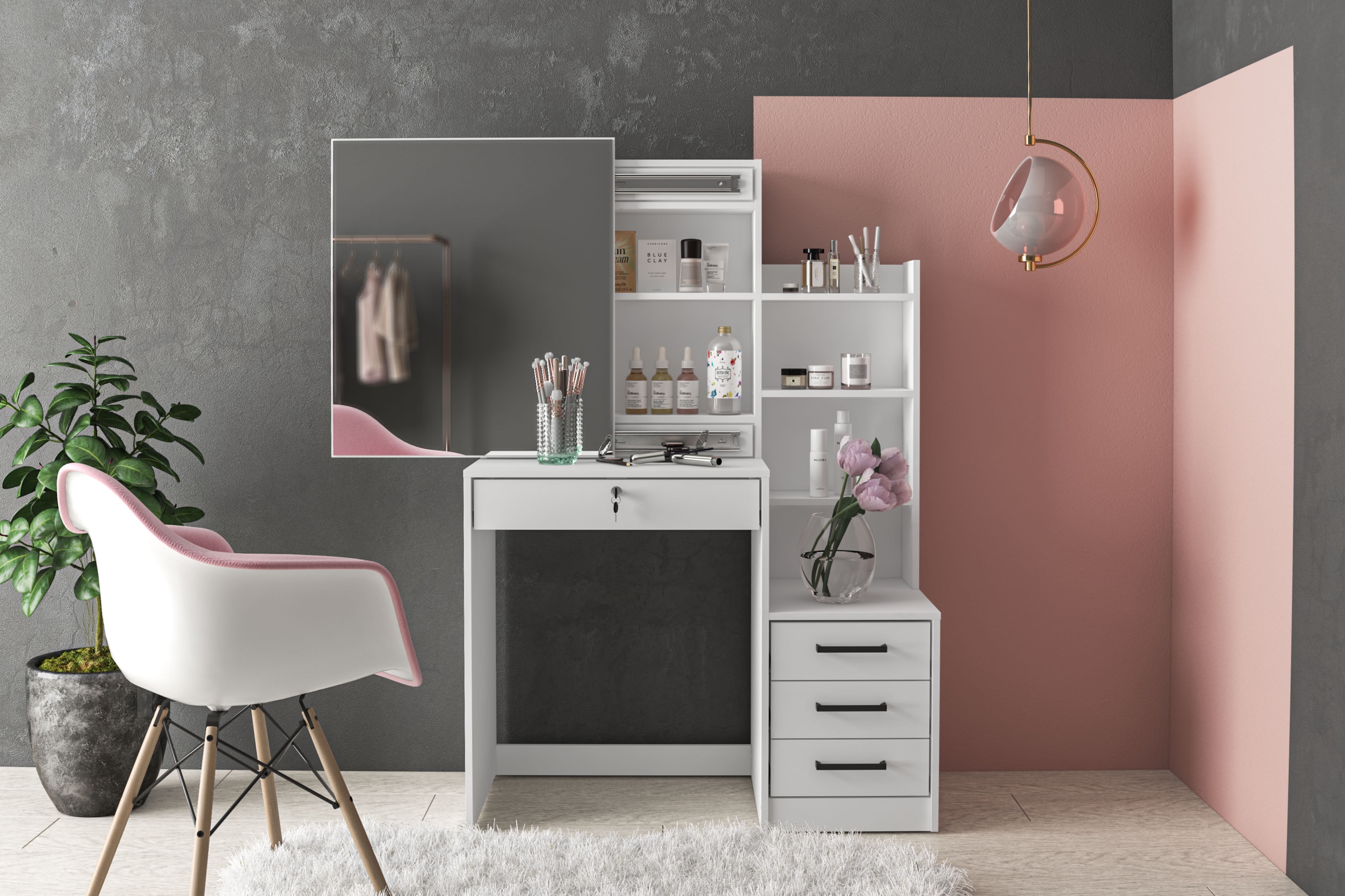 Polifurniture Hannah Modern Bedroom Vanity Table with Mirror, White ...