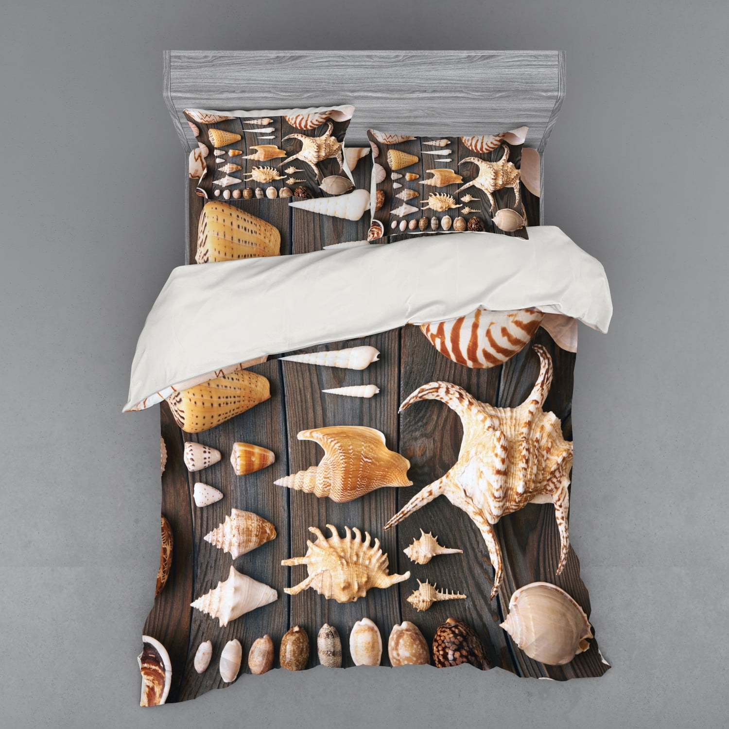 Seashells Duvet Cover Set, Seashell Background Still Life Spiral Wooden ...