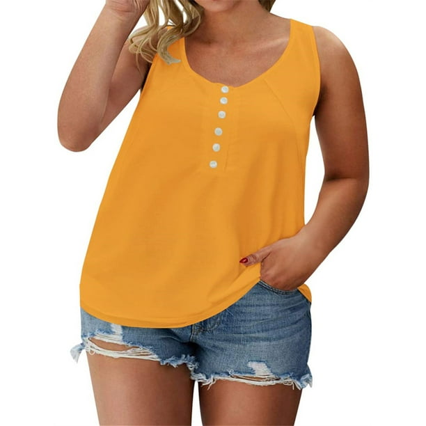 Langwyqu Sleeveless Solid Color Plus Size Women Button Tank Tops ...