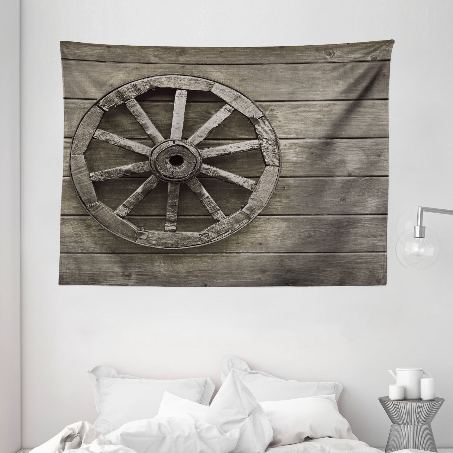 Barn Wood Wagon Wheel Tapestry, Antique Aged Carriage Vehicle Wheel on ...