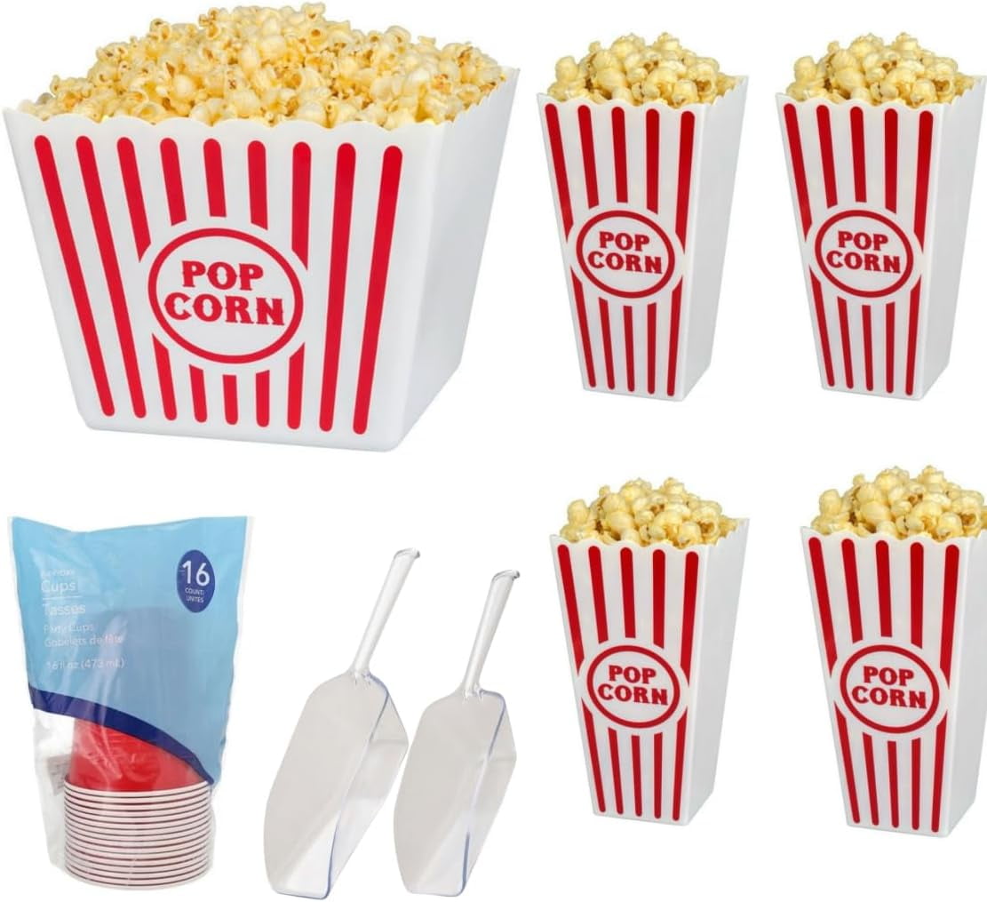 Movie Night Popcorn Kit for 4 – Reusable Popcorn Buckets, Large Popcorn ...
