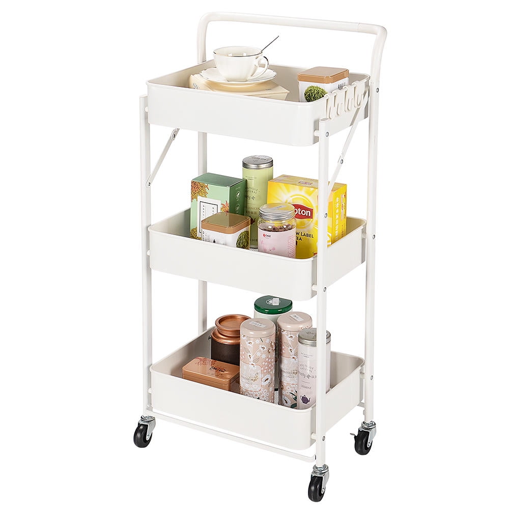 3-Tier Foldable Rolling Utility Cart, Metal Storage Push Trolley Cart ... 3-Tier Foldable Rolling Utility Cart, Metal Storage Push Trolley Cart ...