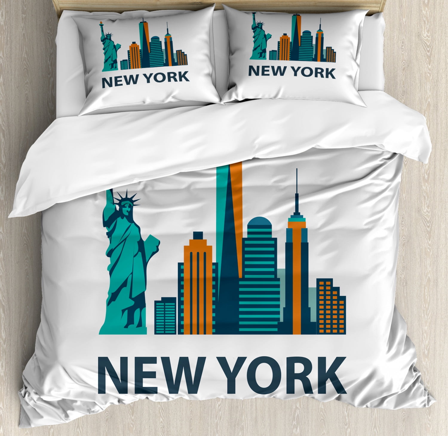 NYC Duvet Cover Set King Size, Simplistic Illustration New York ...