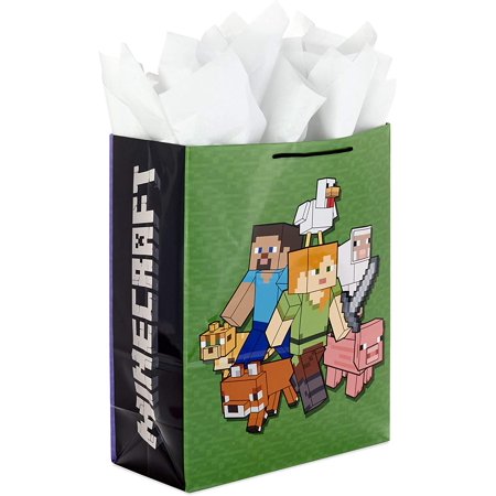 FFIY 15" Extra Large Minecraft Gift Bag with Tissue Paper for Birthdays ...